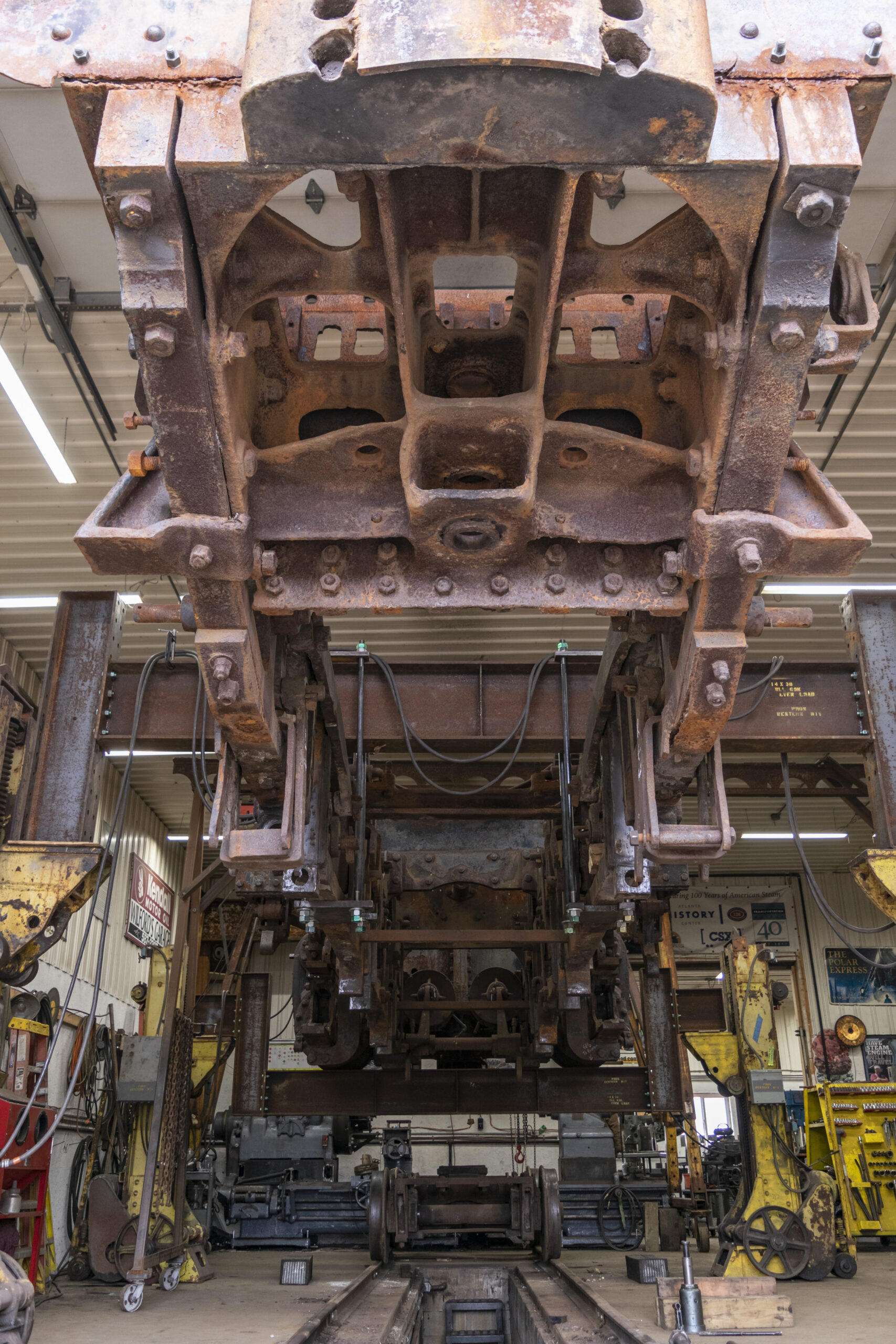 CNW 175 Frame & Running Gear Lifted for Rebuild - Steam Railroading ...